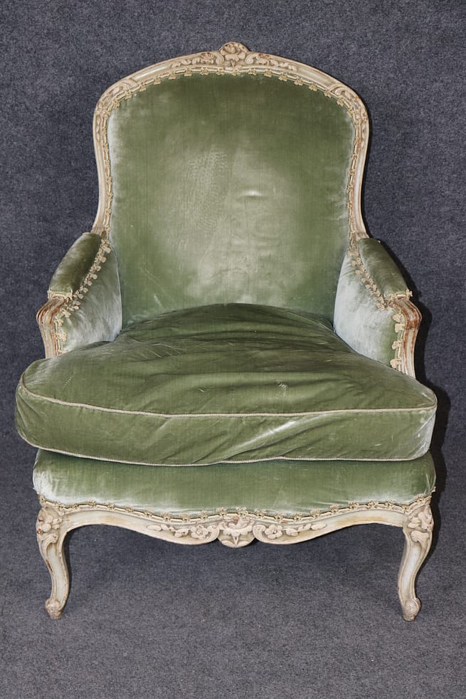 Single Period French Velvet Creme Painted Velvet Louis XV Style Bergere ...