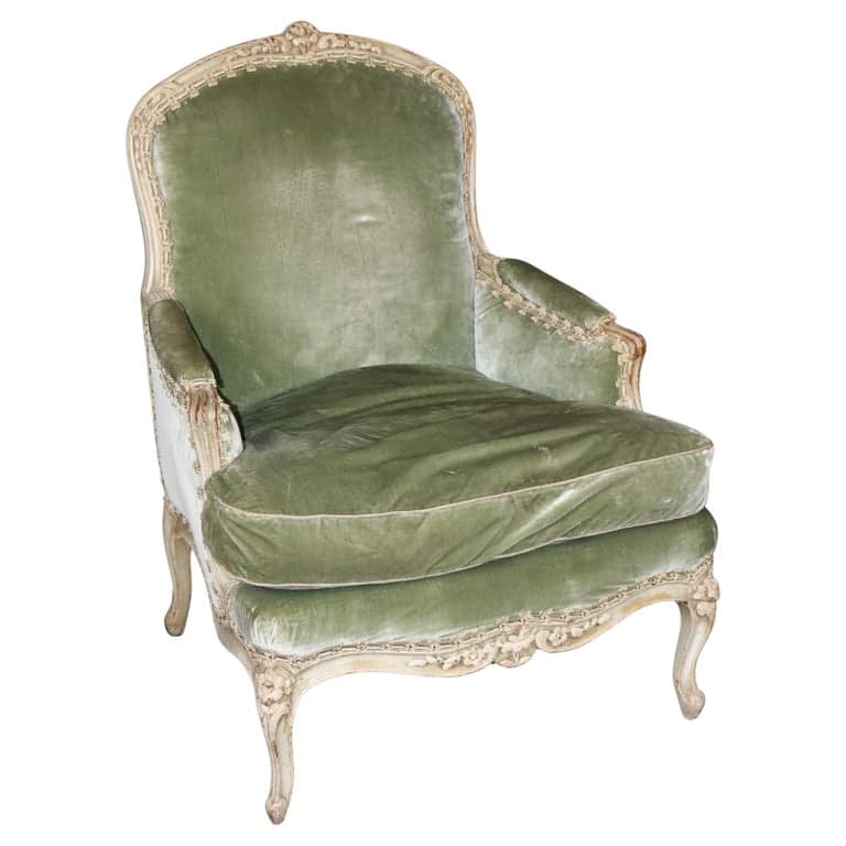 Single Period French Velvet Creme Painted Velvet Louis XV Style Bergere ...